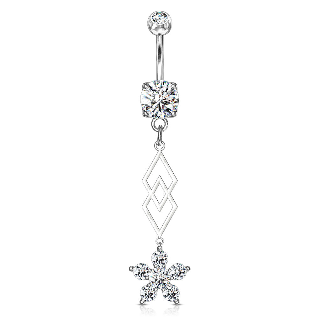 CZ Flower and Overlapping Diamonds Dangle Belly Button Ring — Belly Bling