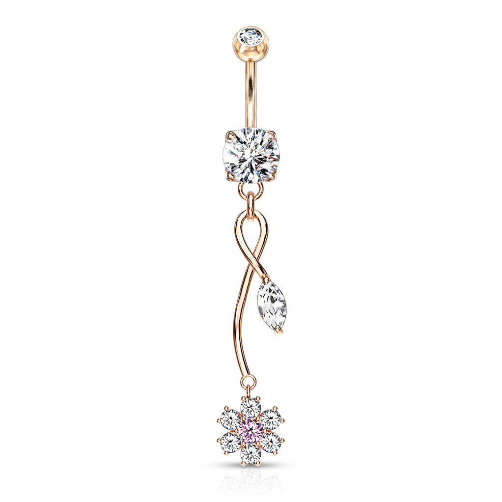 Rose Gold CZ Flower Vine Dangle Belly Button Ring — Belly Bling