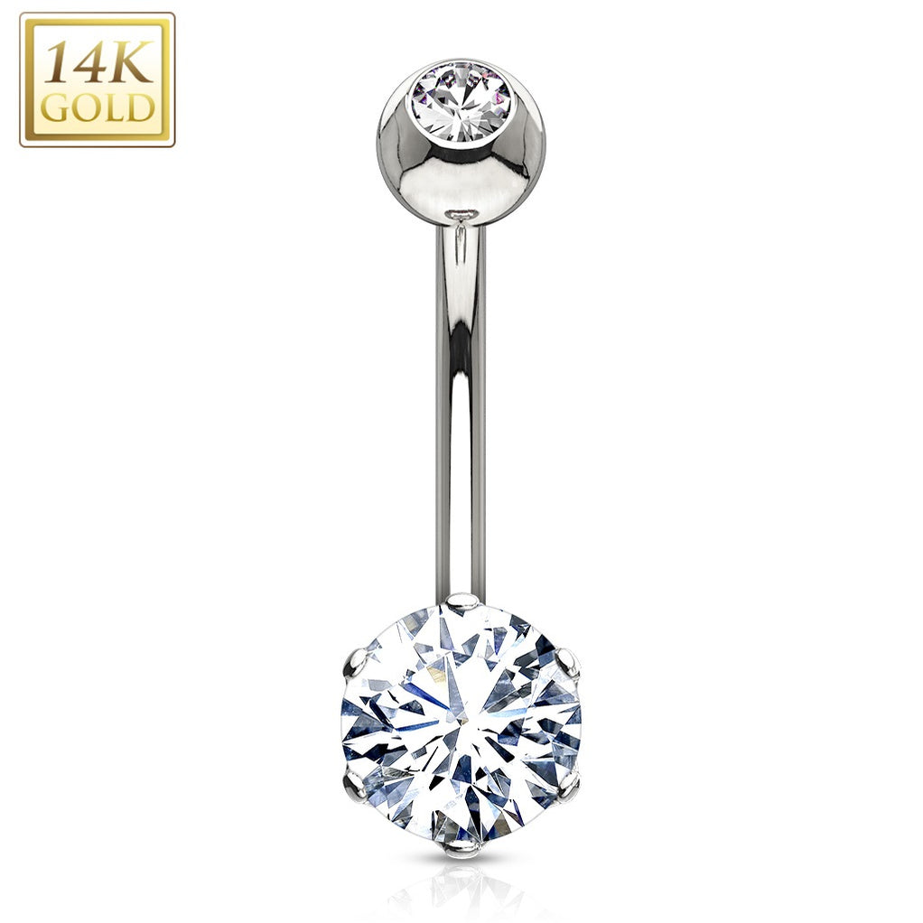 14k White Gold Belly Button Ring Round Gem Belly Button Rings & Bars ...