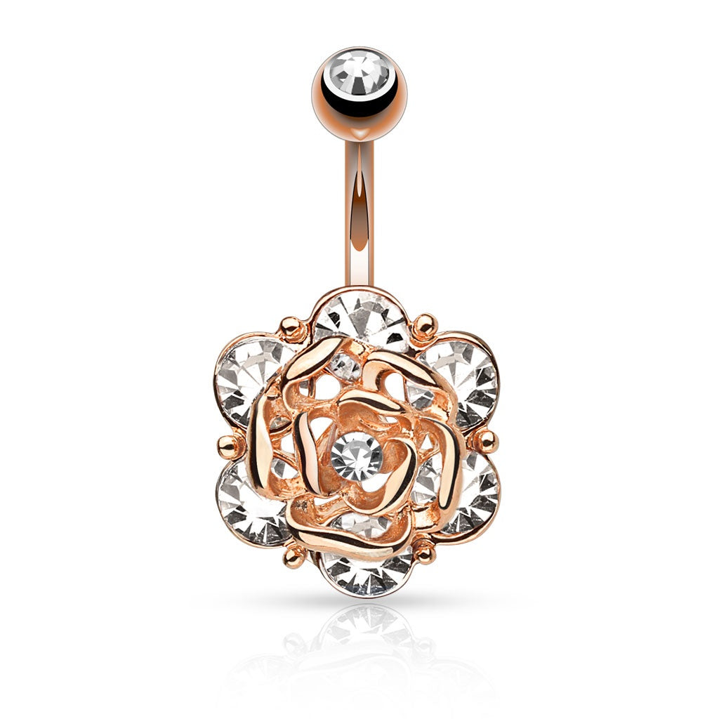 Rose Gold Flower with 6 Gems Belly Ring Navel Piercing Jewelry & Belly ...